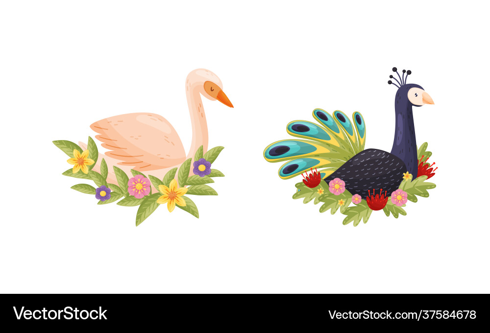 Perching bird sitting on floral nest Royalty Free Vector