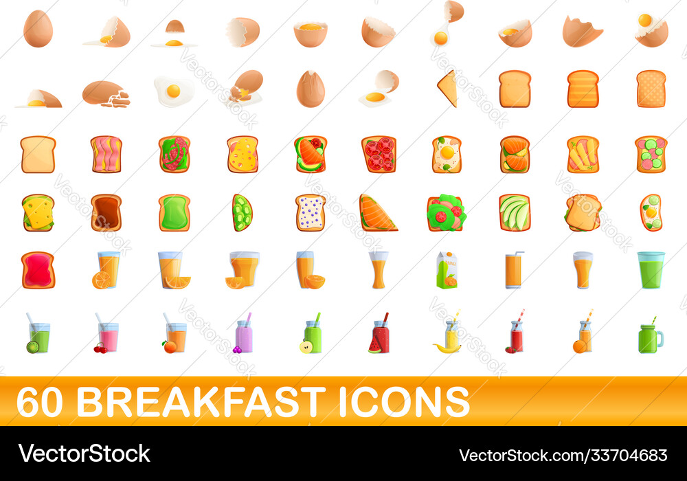 60 breakfast icons set cartoon style Royalty Free Vector