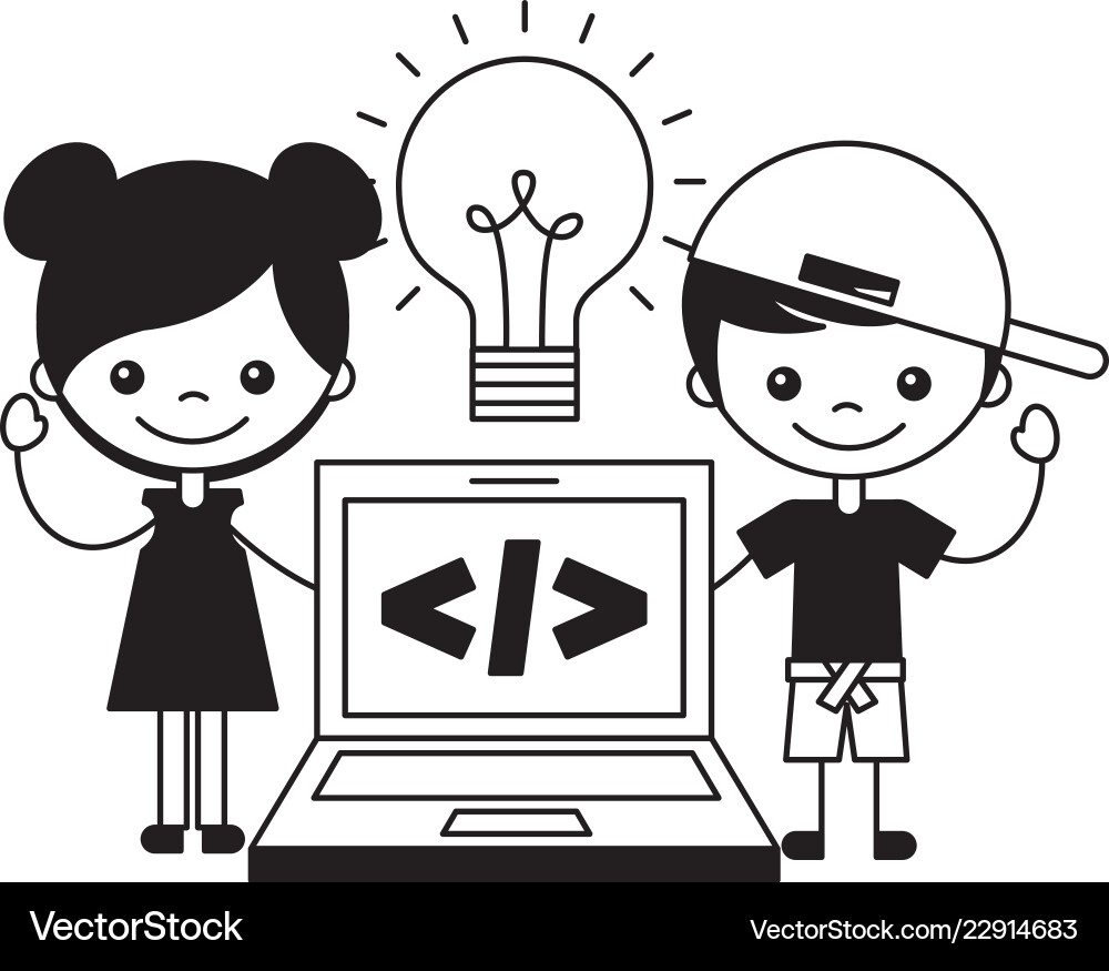 Boy and girl laptop bulb creativity Royalty Free Vector
