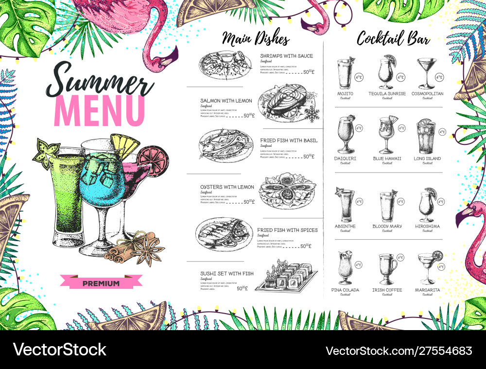 Restaurant summer menu design with tropic leaves Vector Image