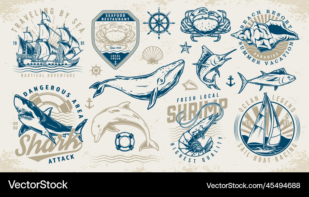 Nautical world labels set colorful Royalty Free Vector Image