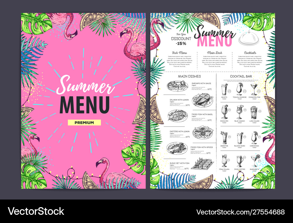 Restaurant summer menu design with tropic leaves Vector Image