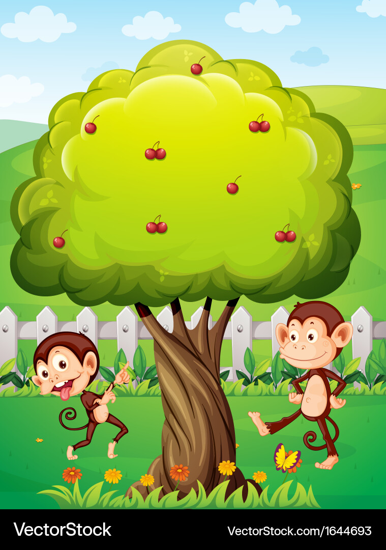 Two monkeys playing under the tree Royalty Free Vector Image