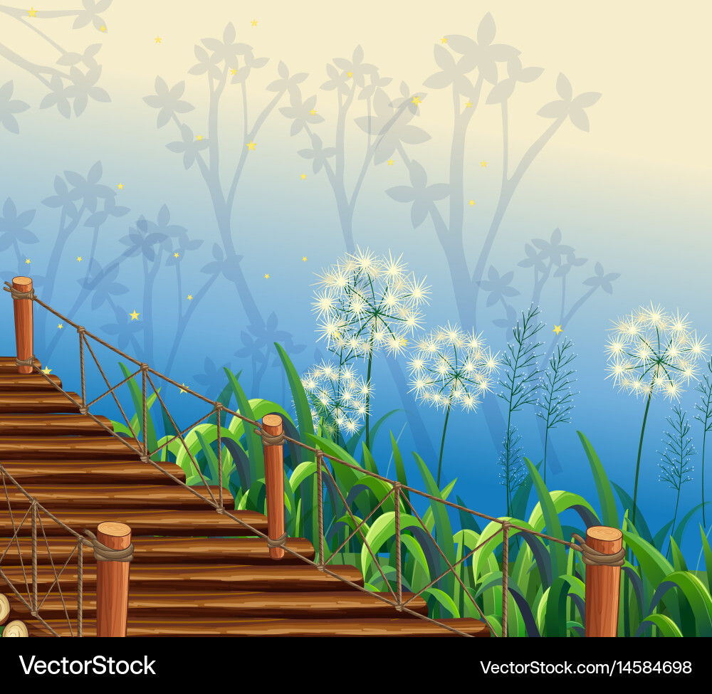 Scene with grass and wooden bridge Royalty Free Vector Image