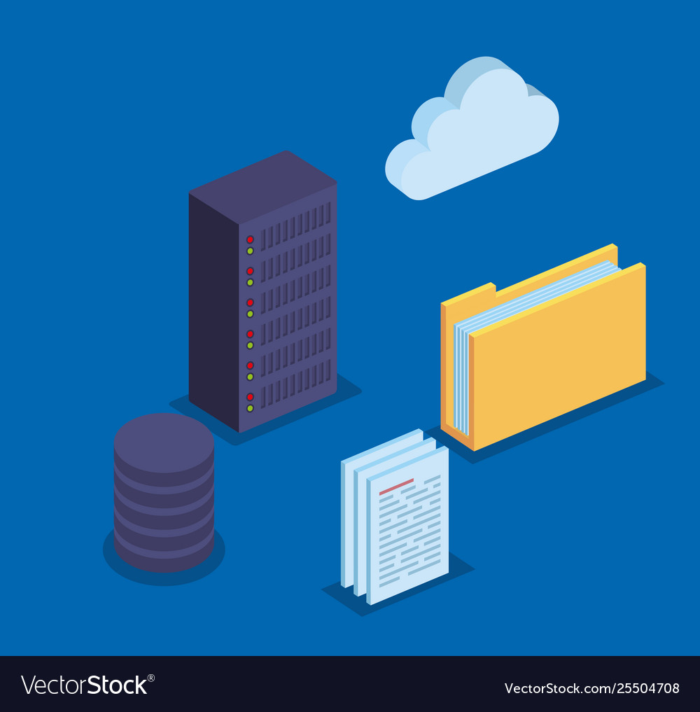 Hard storage tower server with cloud data Vector Image