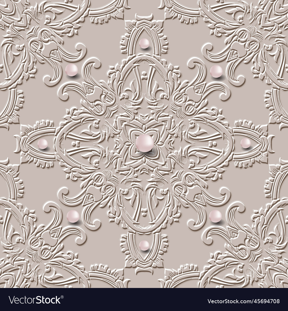 Vintage flowers emboss 3d seamless pattern Vector Image