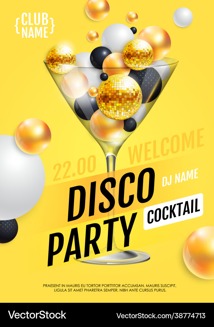 Cocktail disco party poster with 3d disco ball Vector Image