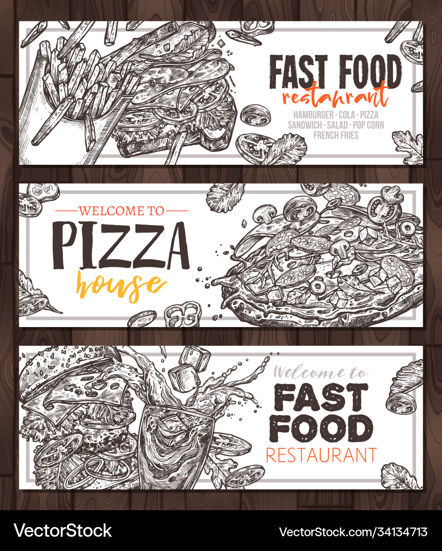 Fast food monochrome horizontal banners Royalty Free Vector