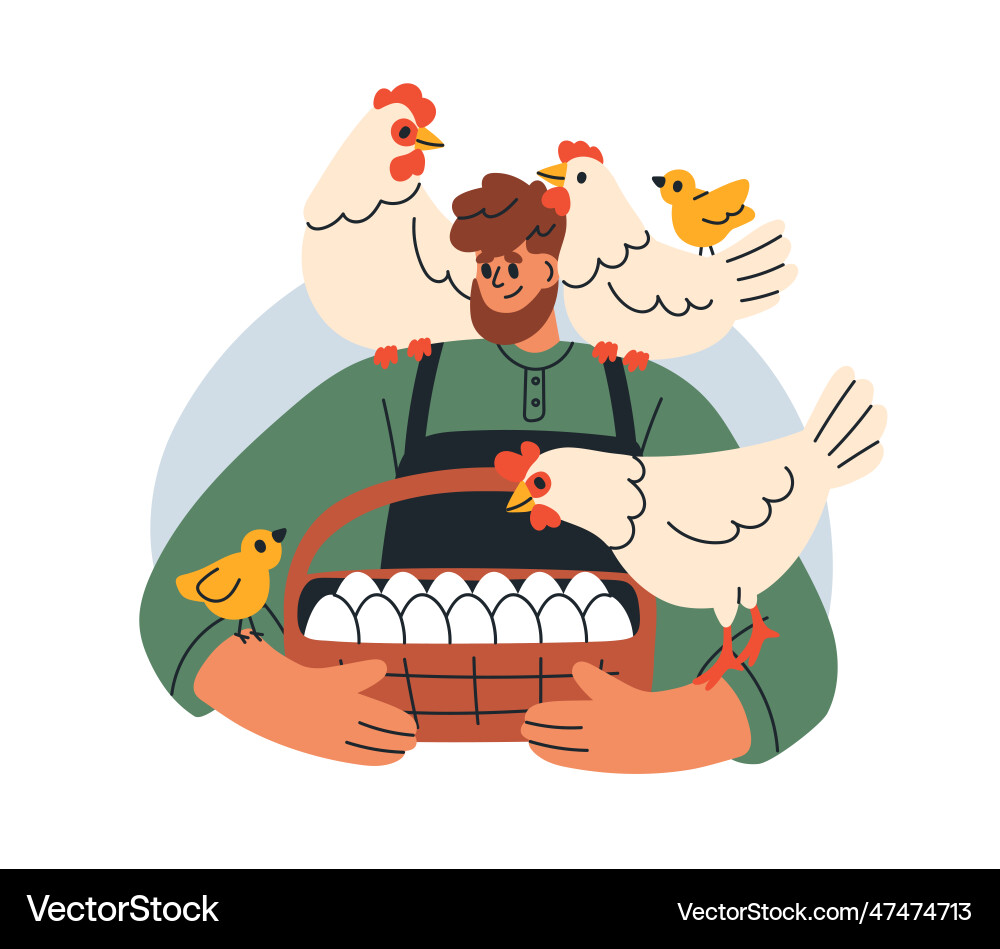 Happy farmer with hens and organic eggs Royalty Free Vector