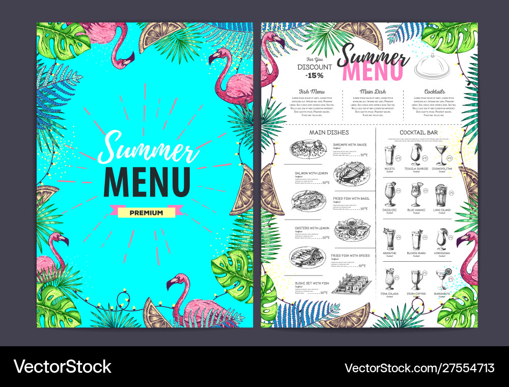 Restaurant summer menu design with tropic leaves Vector Image