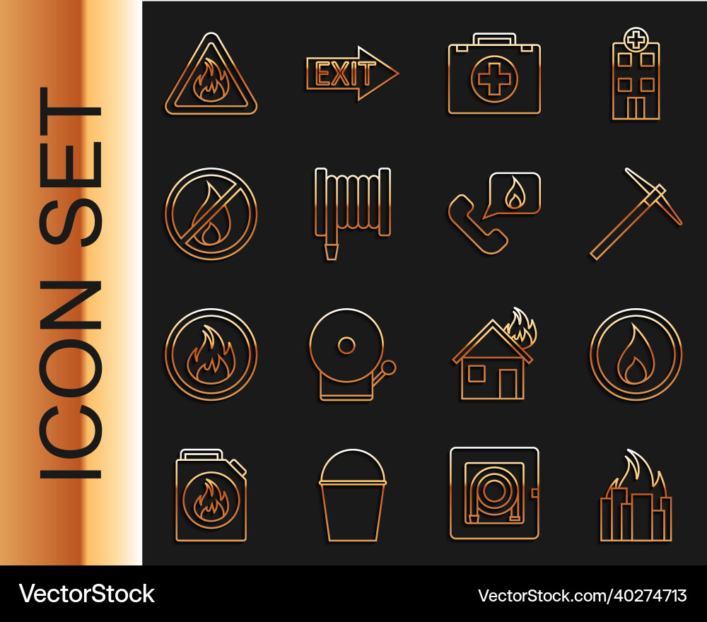 Set line fire in burning buildings flame pickaxe Vector Image