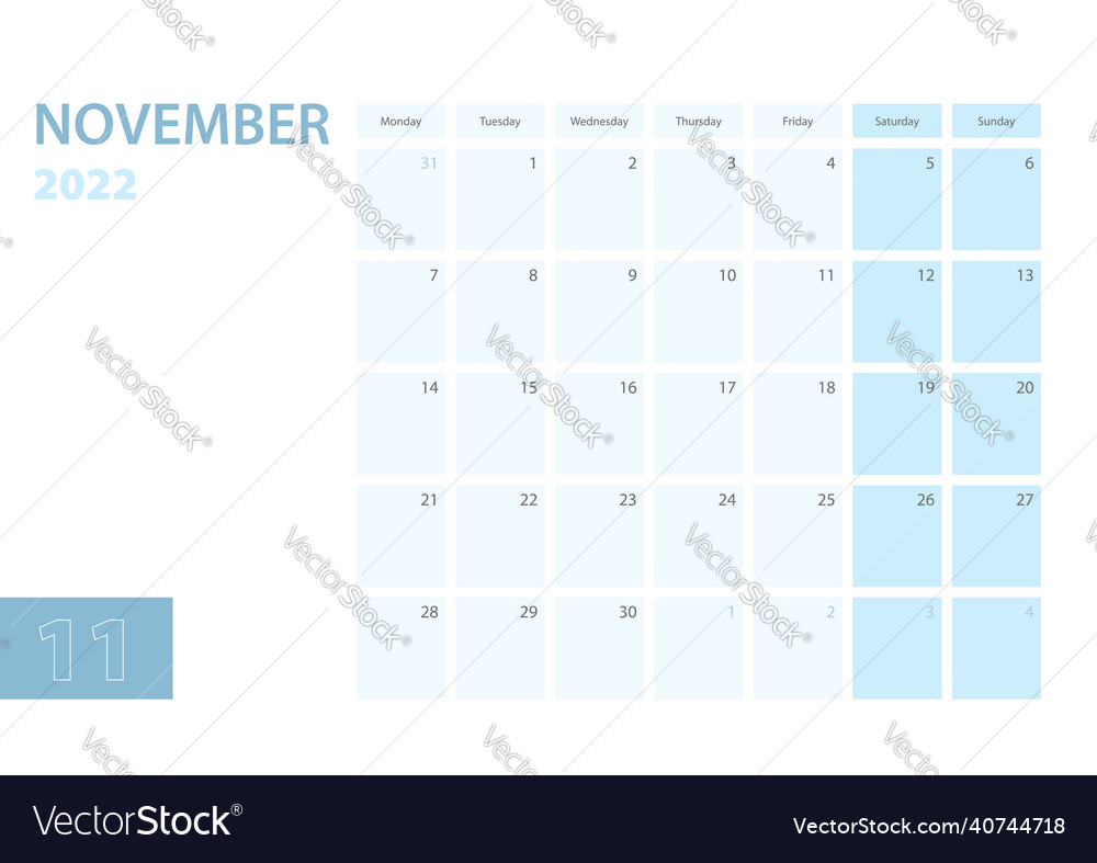 Calendar template for the november 2022 the week Vector Image