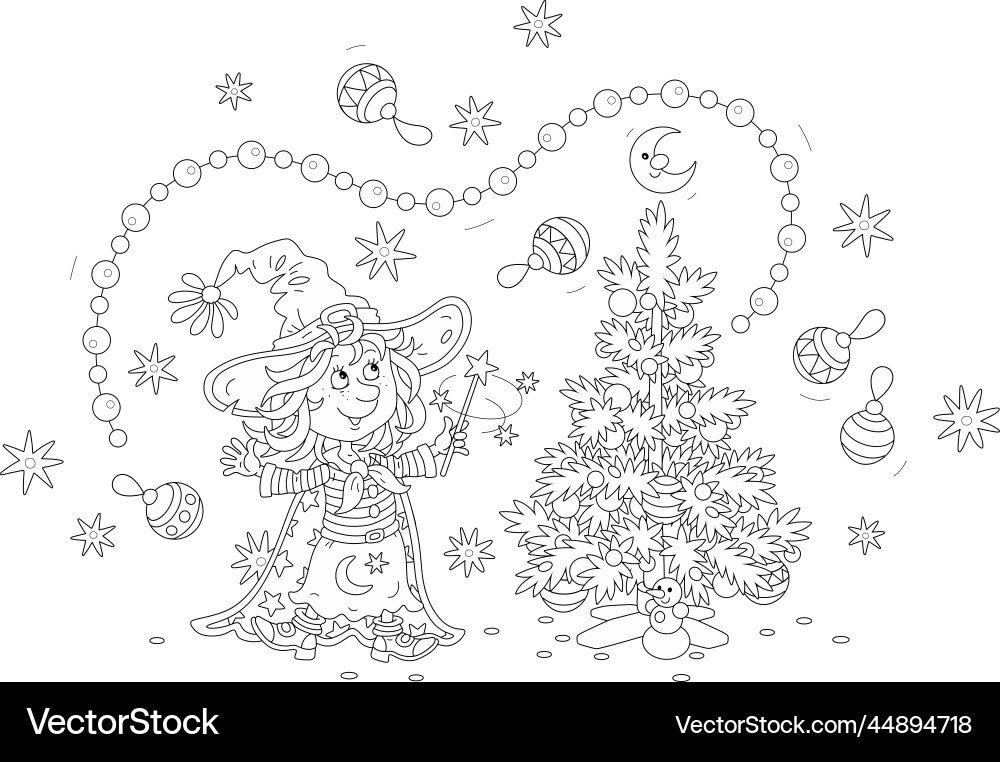 Happy little witch decorating a christmas tree Vector Image