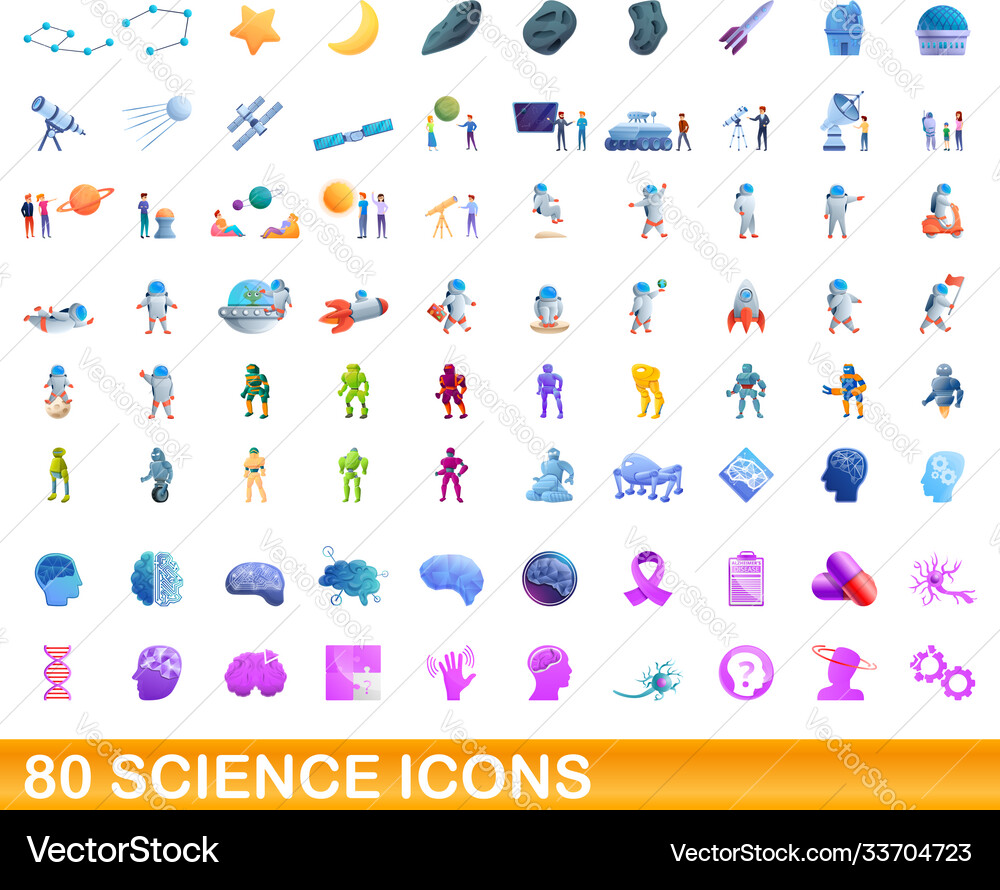 80 science icons set cartoon style Royalty Free Vector Image