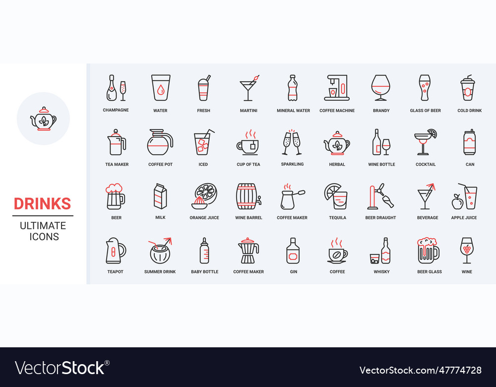 Drinks trendy red black thin line icons set Vector Image