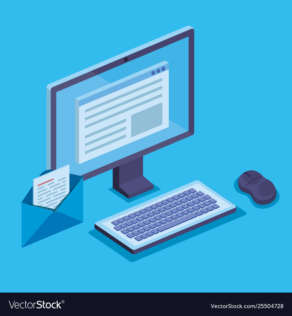 Isometric computer technology with document Vector Image