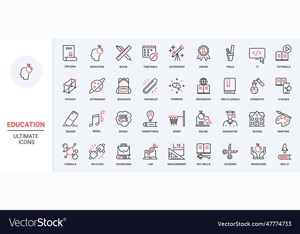 Education trendy red black thin line icons set Vector Image