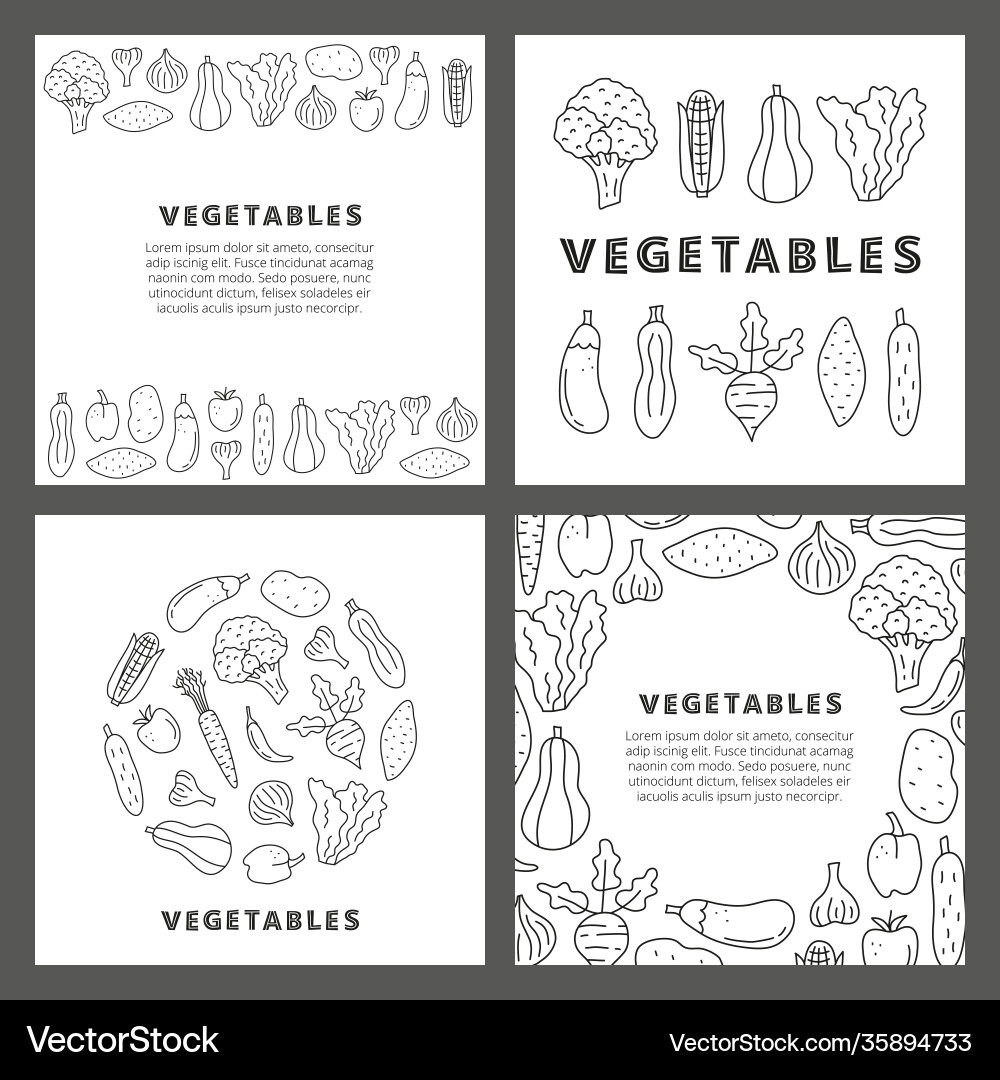 Set cards with doodle outline vegetables Vector Image