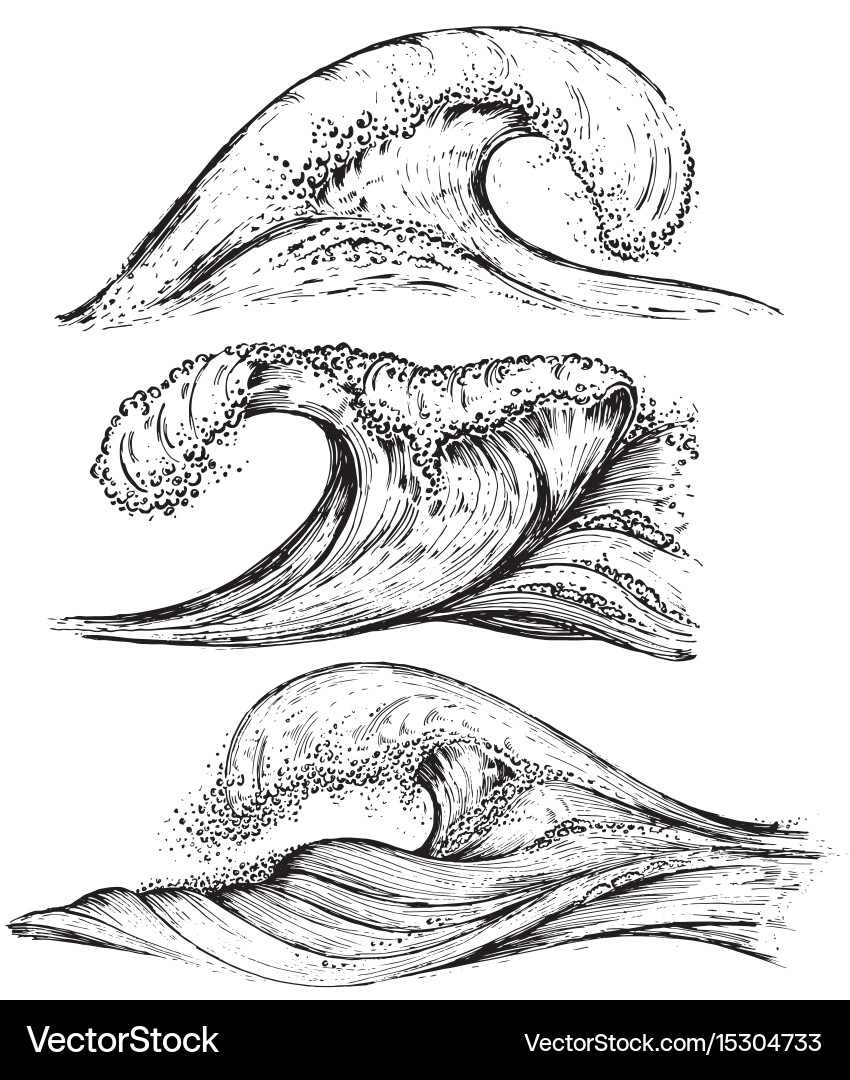 Set hand drawn sea waves in sketch style Vector Image