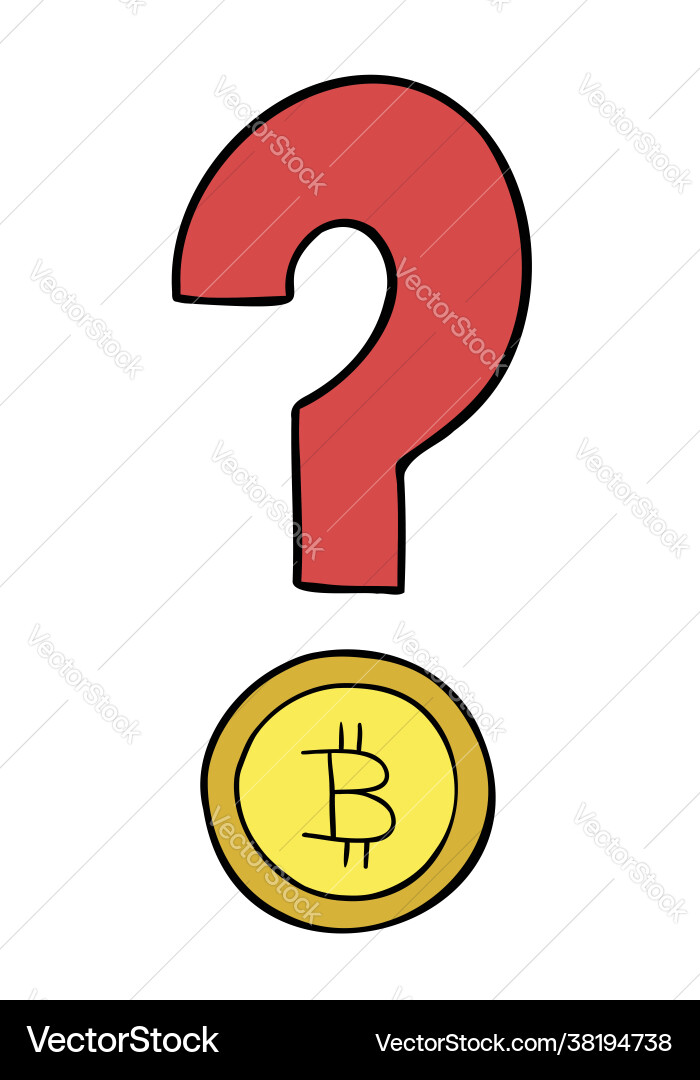Cartoon question mark with bitcoin coin Royalty Free Vector