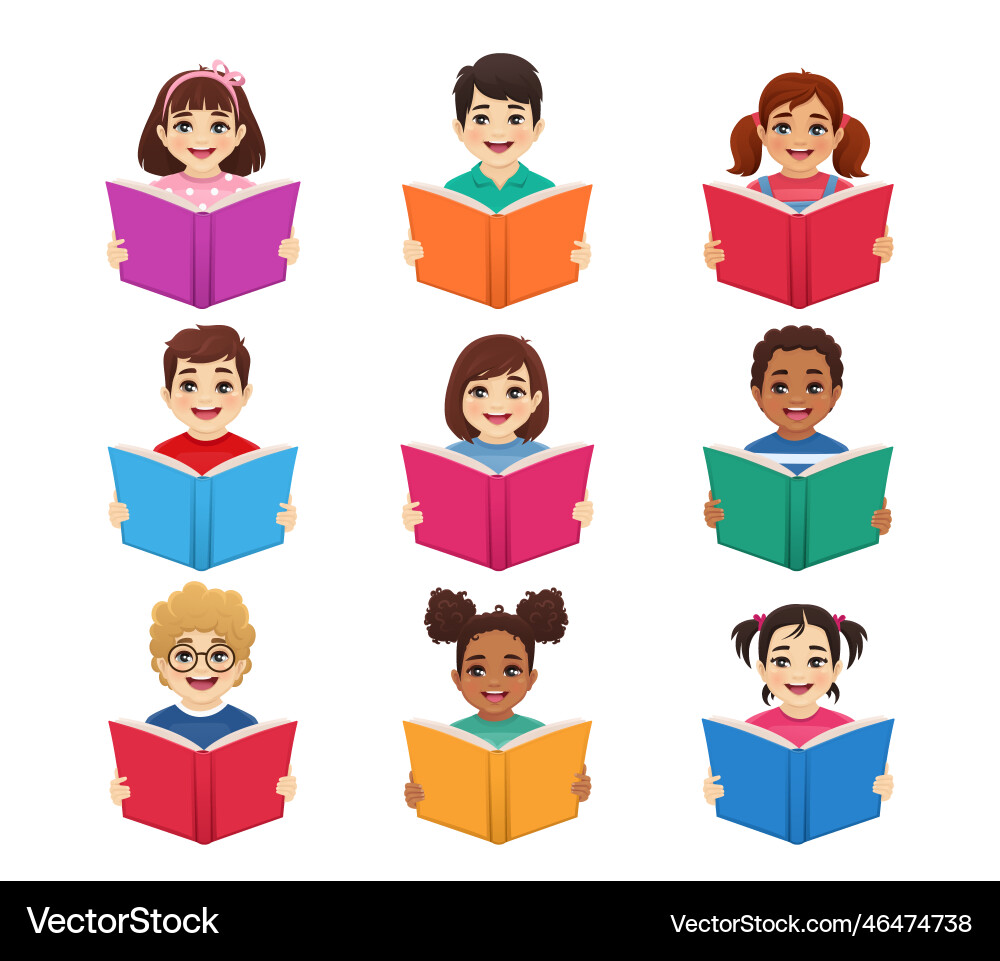 Smiling kids with books avatars Royalty Free Vector Image