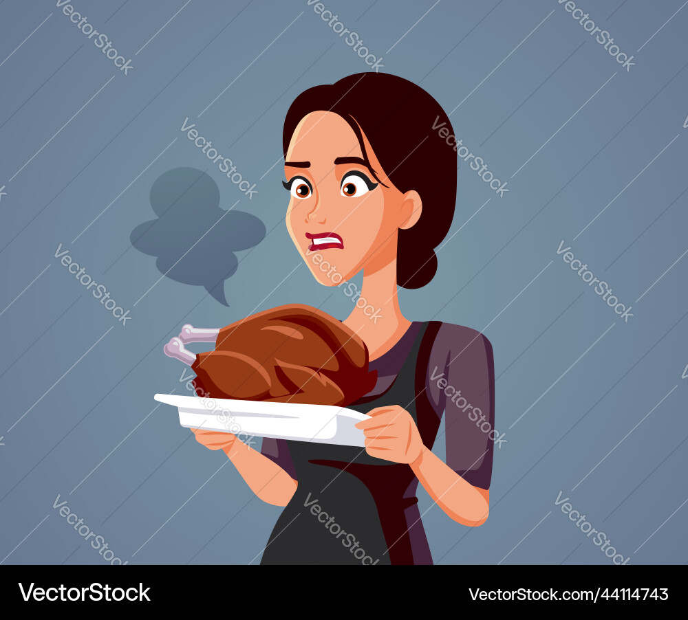 Stressed inexperienced cook burning the roasted Vector Image