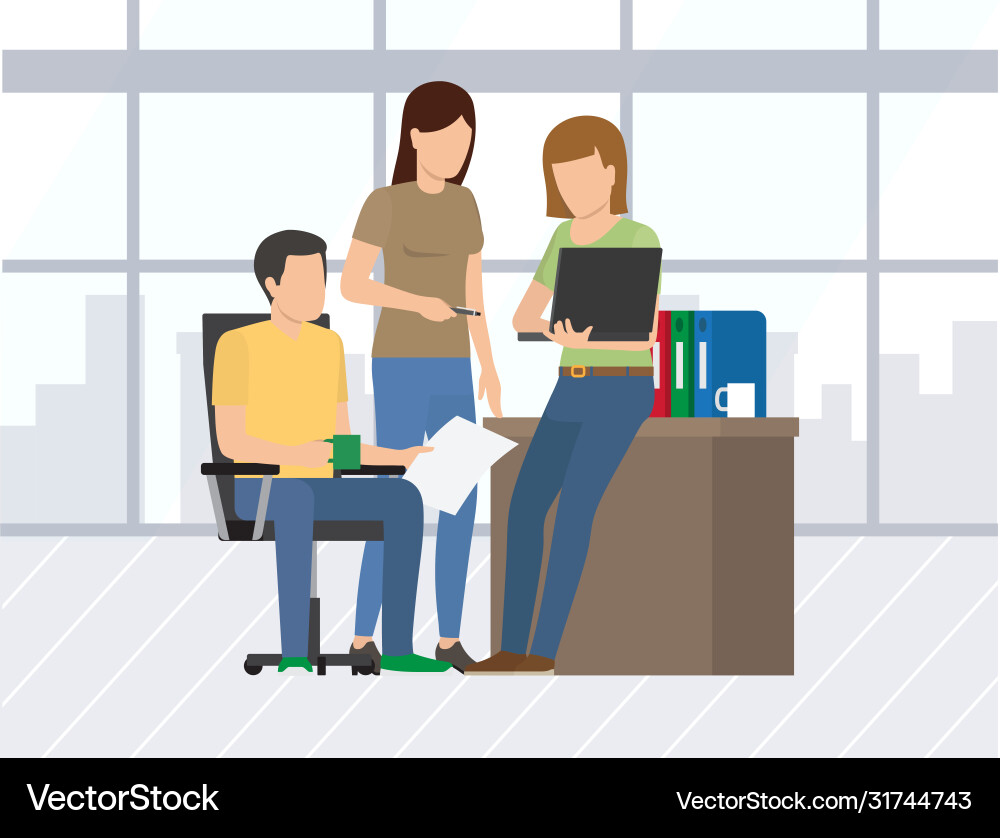 Team expert workers in office info on laptop Vector Image