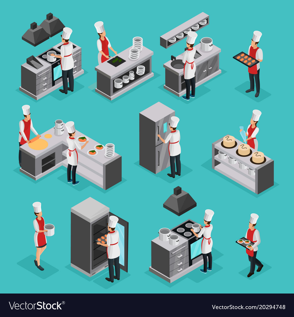 Isometric cooking process elements set Royalty Free Vector
