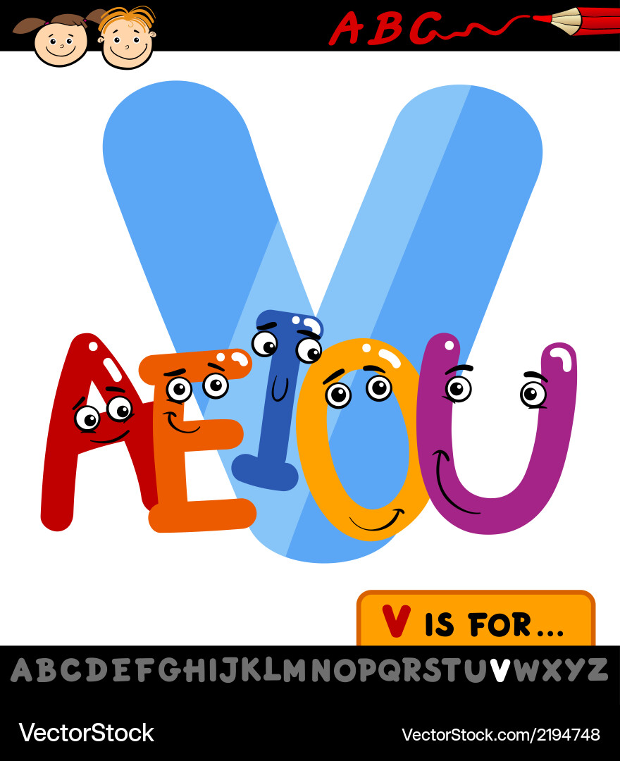 Letter v with vowels cartoon Royalty Free Vector Image