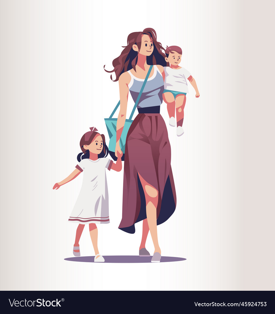 Mother and little children walking together mom Vector Image