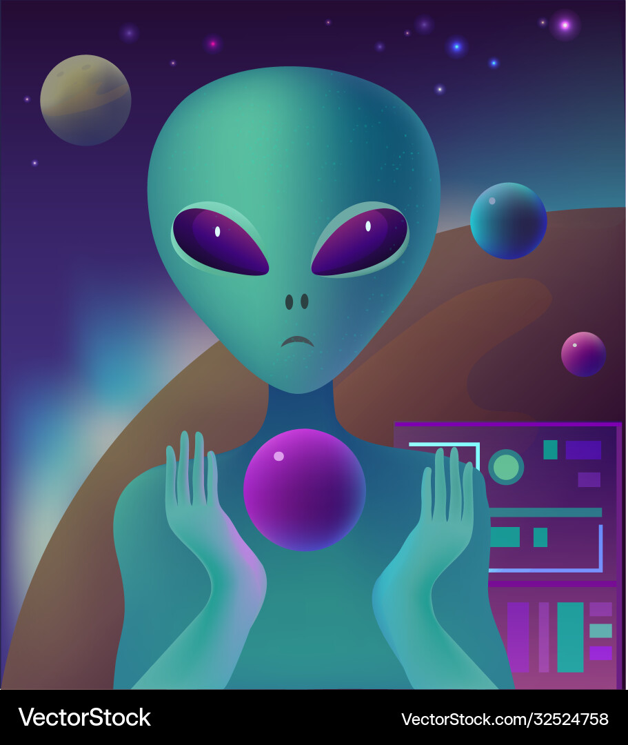 Cute alien with sphere in space stars Royalty Free Vector