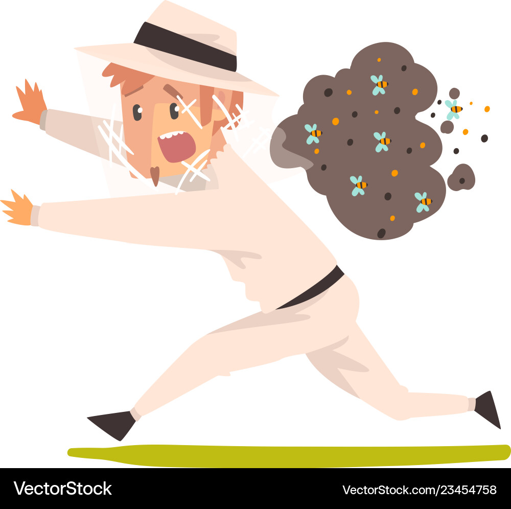 Scared beekeeper running away from swarm bees Vector Image