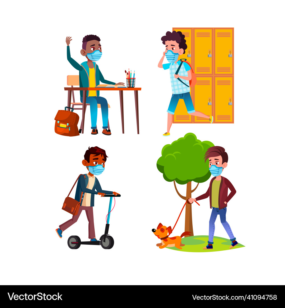 School kid boy wearing mask set Royalty Free Vector Image