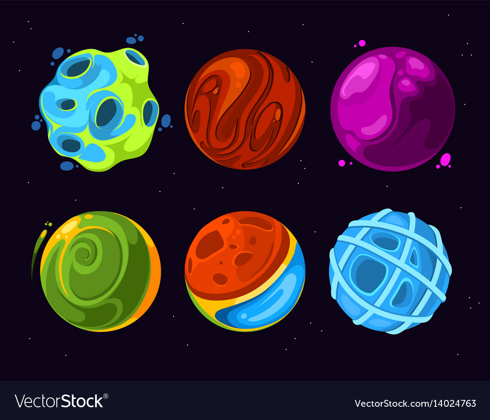 Cartoon alien planets on dark blue starry space Vector Image