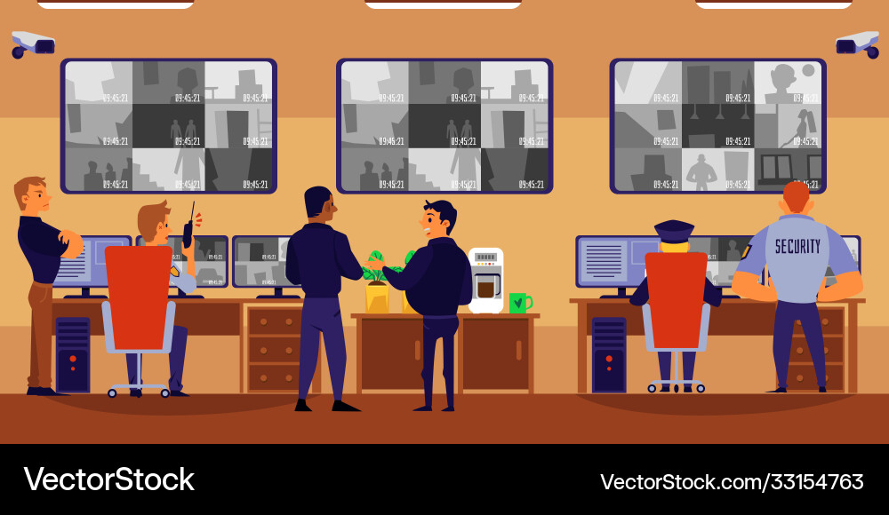 Cartoon people in security room talking Royalty Free Vector