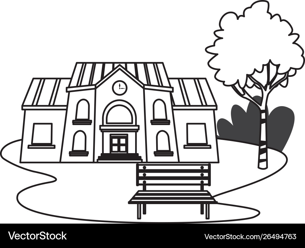 School building in park with bench black Vector Image
