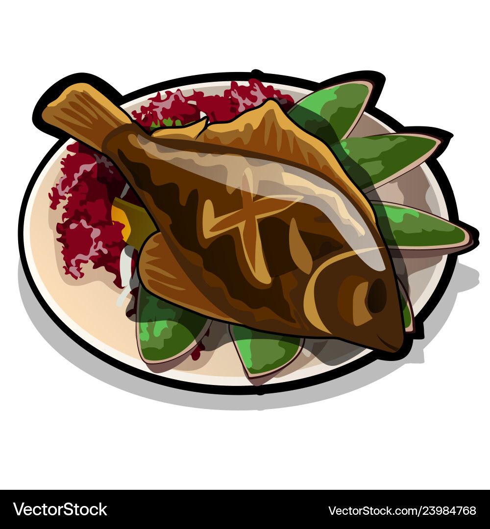 Baked flounder on a plate with vegetables the Vector Image