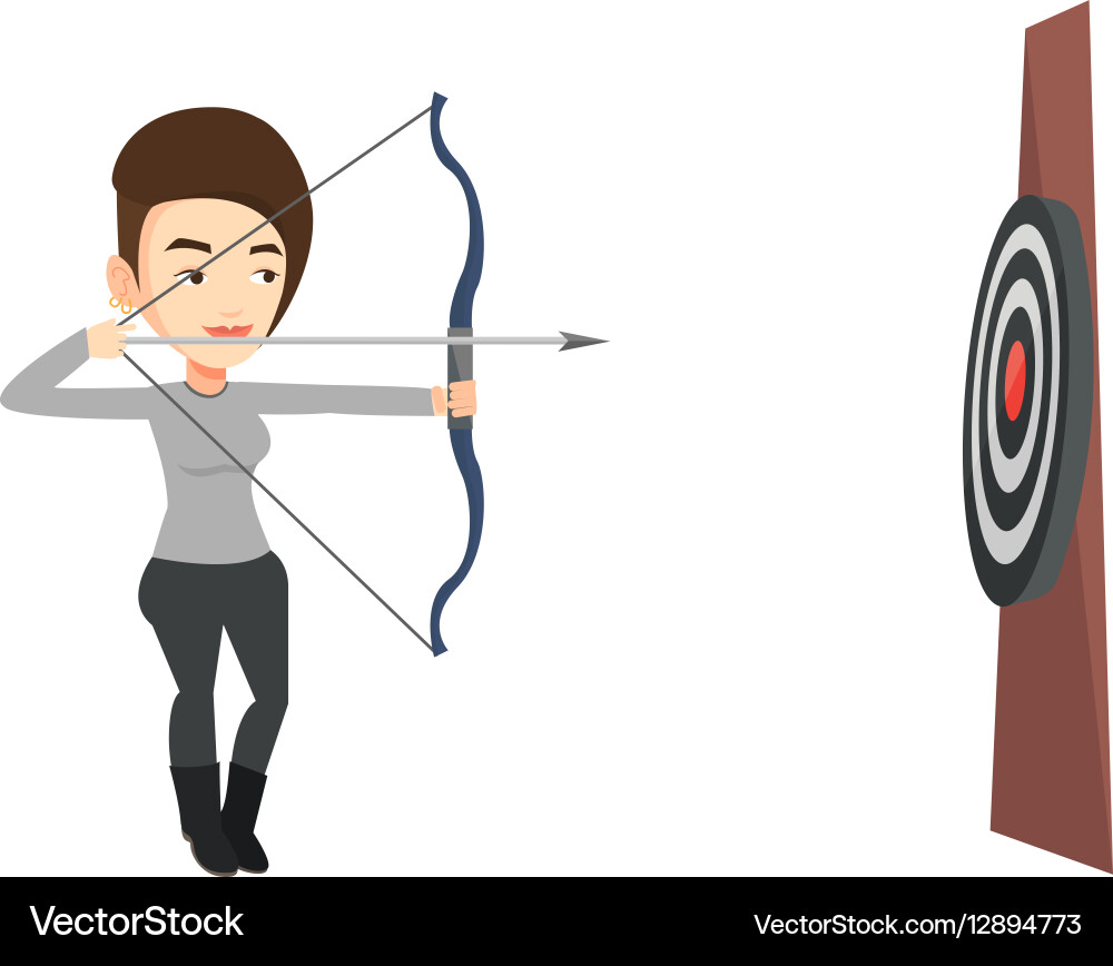 Archer aiming with bow and arrow at the target Vector Image
