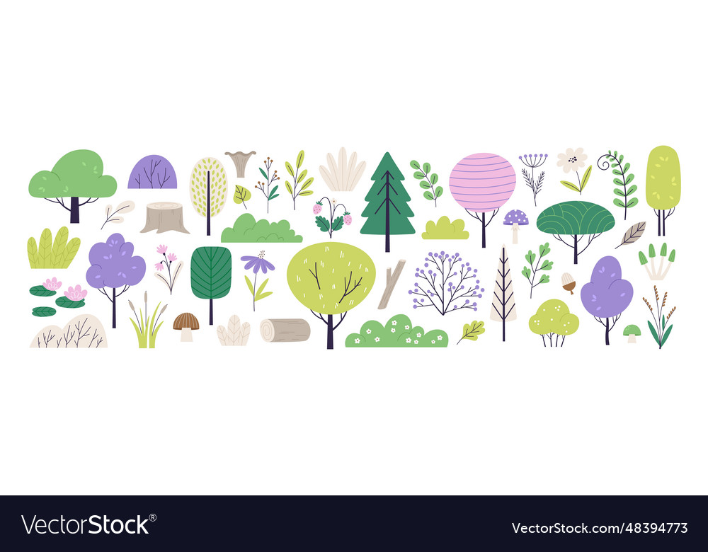 Doodle forest cute nature elements funny tree and Vector Image