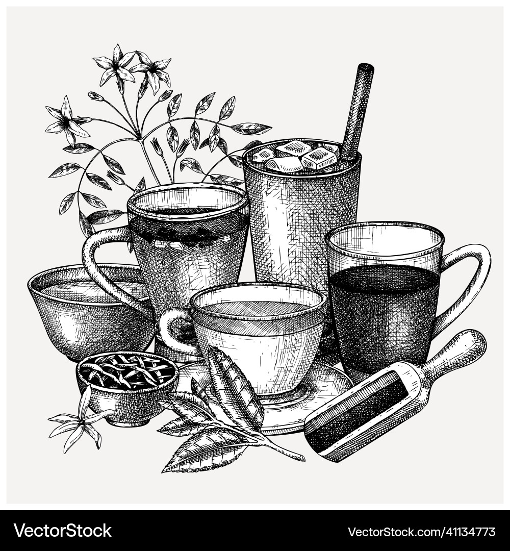 Hand-sketched tea drinks vintage sketches Vector Image