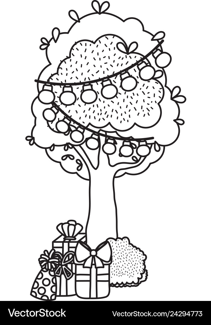 Line tree with bulbs hanging and presents boxes Vector Image