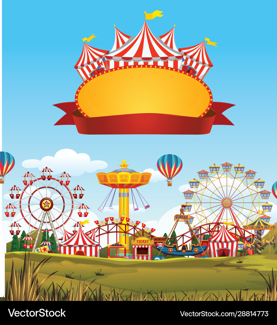 Themepark scene with many rides in park Royalty Free Vector