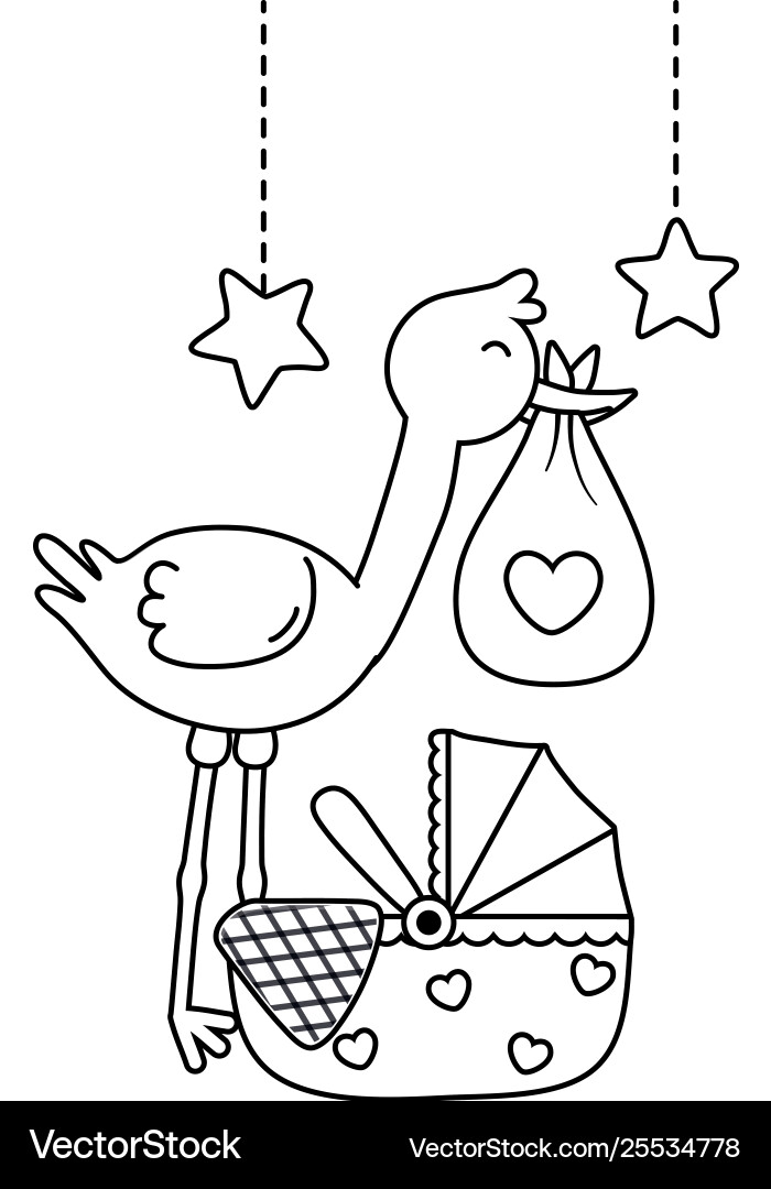 Stork with cradle in black and white Royalty Free Vector