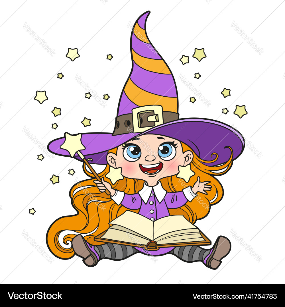 Cute cartoon witch sit on floor with a magic wand Vector Image