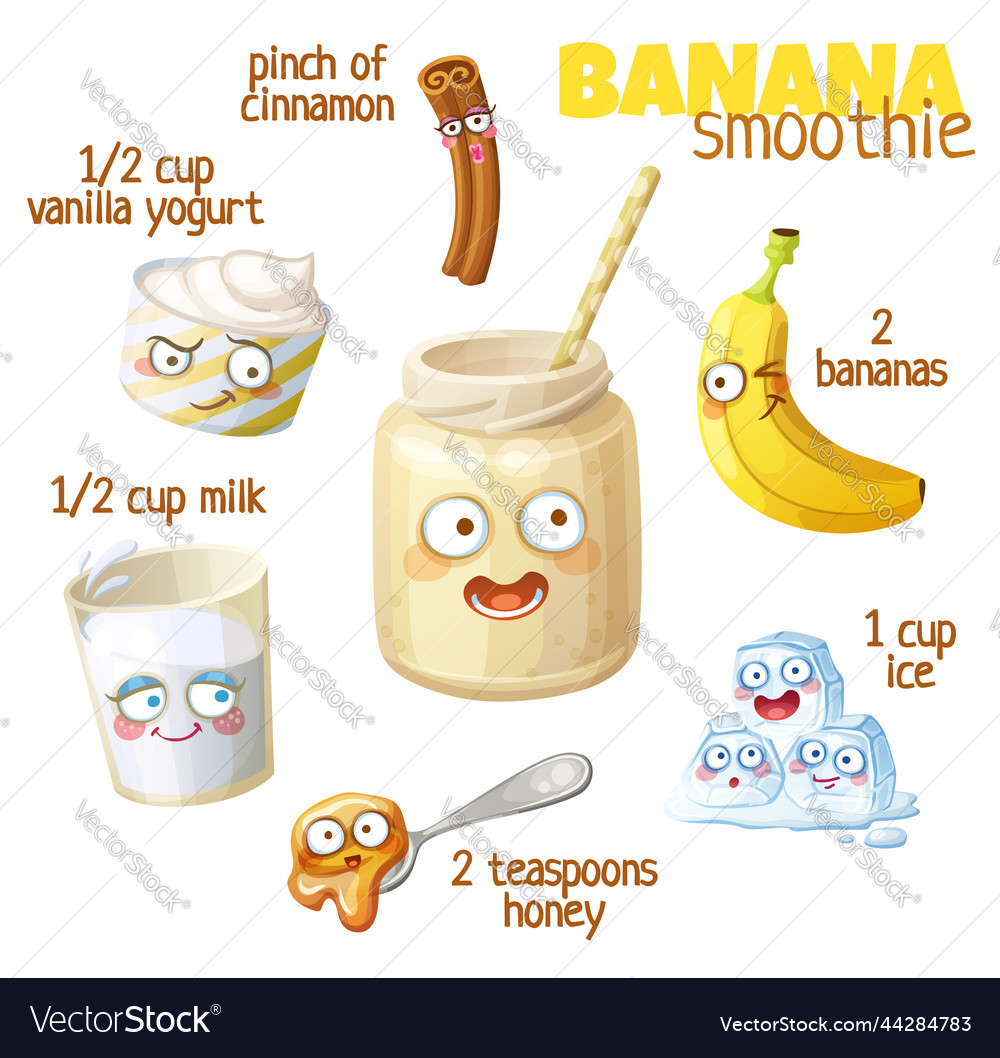 Smoothie recipe with funny characters Royalty Free Vector