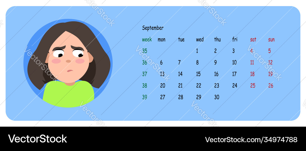 Female user profile calendar for month Royalty Free Vector