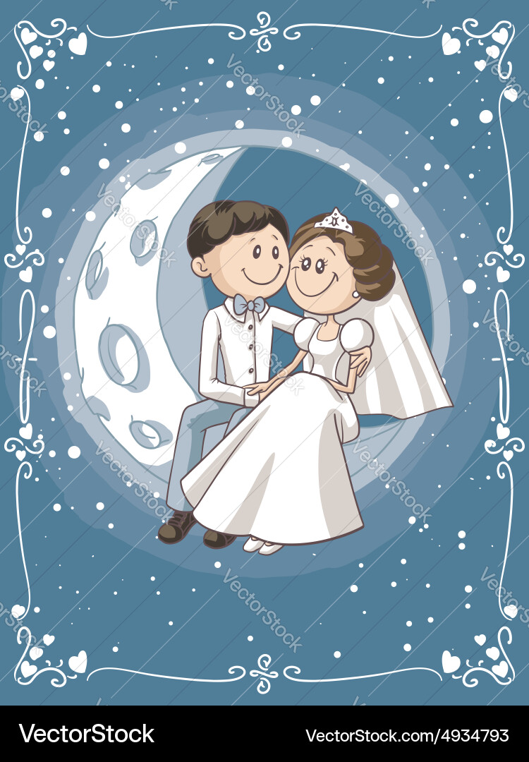 Bride and groom sitting on moon cartoon Royalty Free Vector