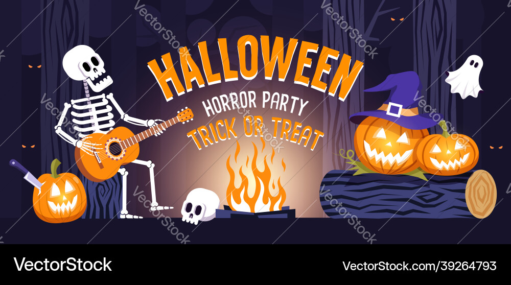 Halloween party horizontal banner with skeleton Vector Image