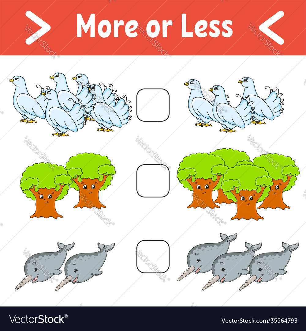 More or less educational activity worksheet Vector Image