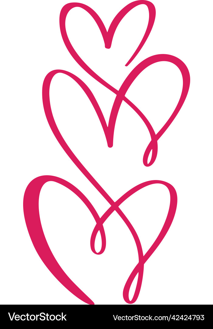 Red calligraphy three lovers hearts hand drawn Vector Image